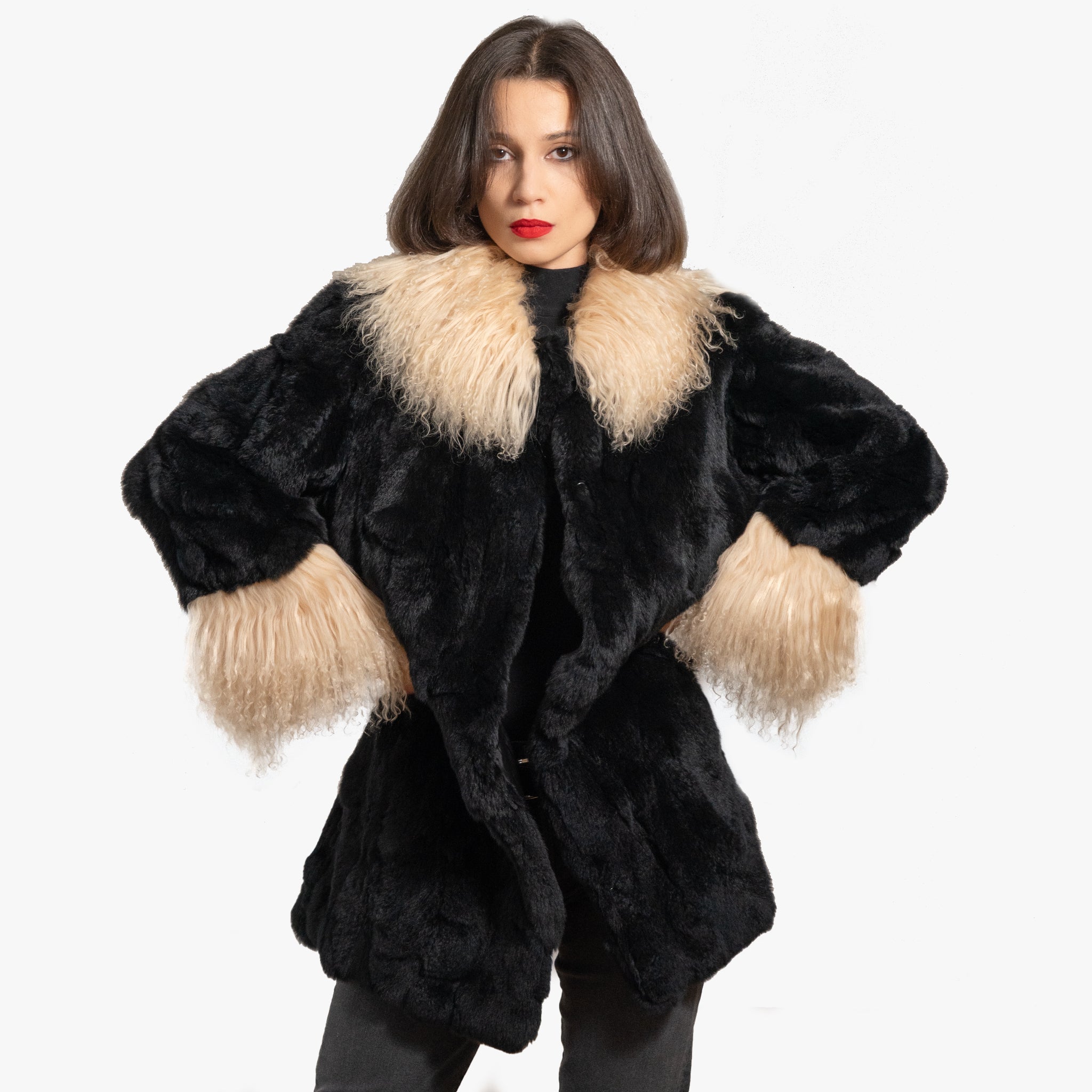 Buy Online Black Rabbit Fur Coat With Mongolian Lamb Trim Dot ...