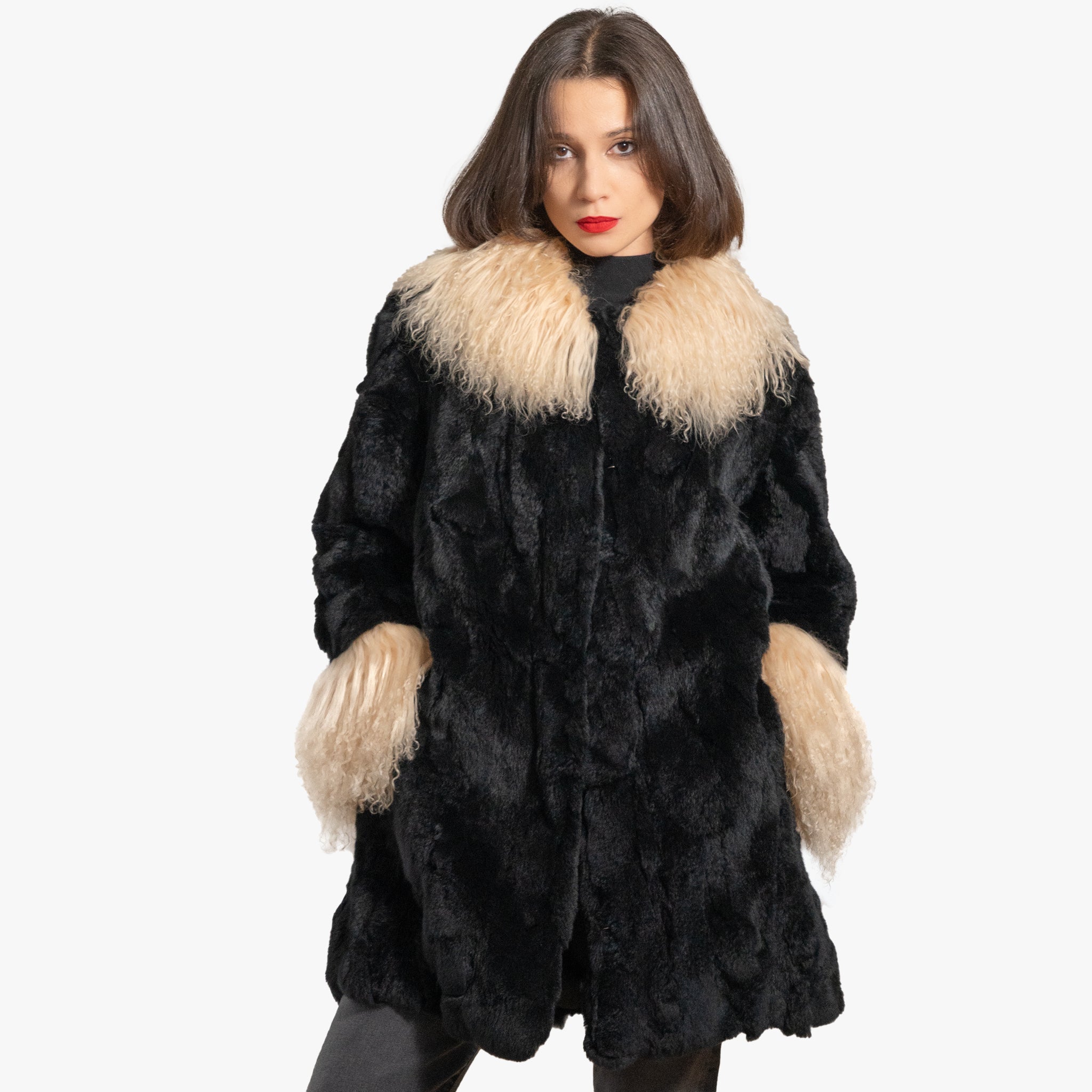 Buy Online Black Rabbit Fur Coat With Mongolian Lamb Trim Dot ...